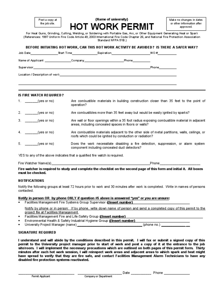 Hot Work Permit Form | PDF | Fires | Heat Transfer