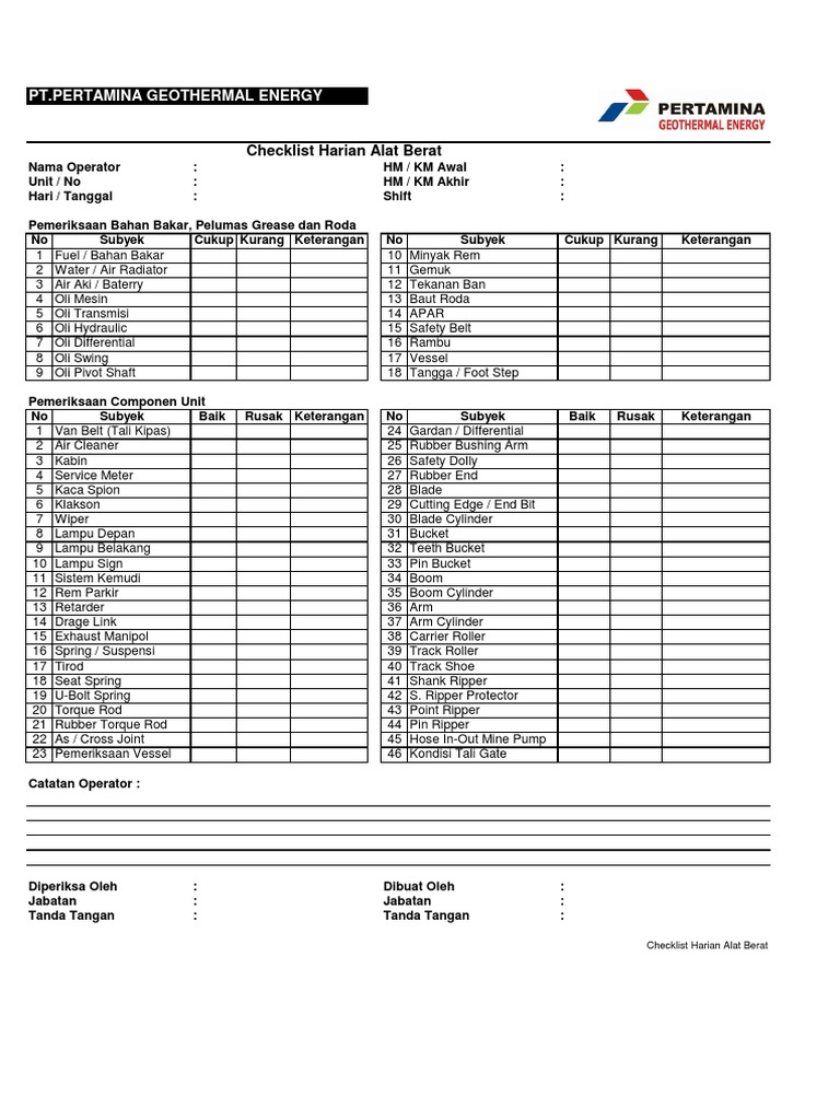 Checklist Harian Alat Berat | PDF