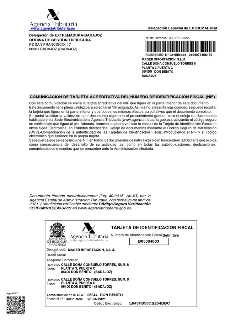 Comunicación de Tarjeta Acreditativa Del Número de Identificación Fiscal (Nif) | PDF | Gobierno ...