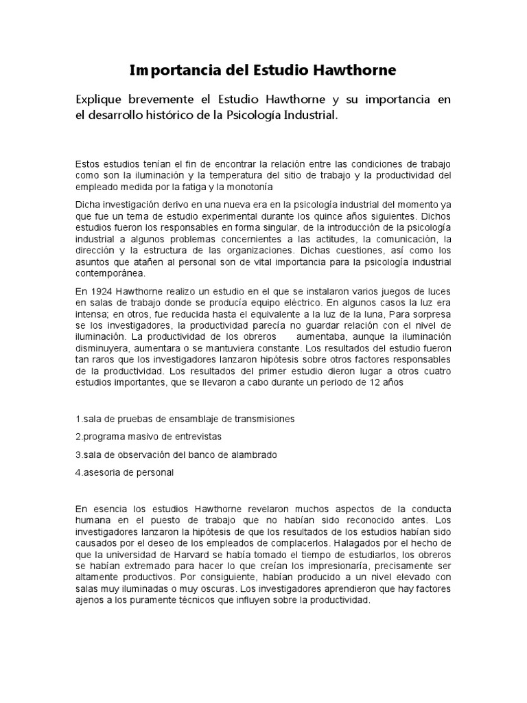 Importancia Del Estudio Hawthorne | PDF | Sicología | Science