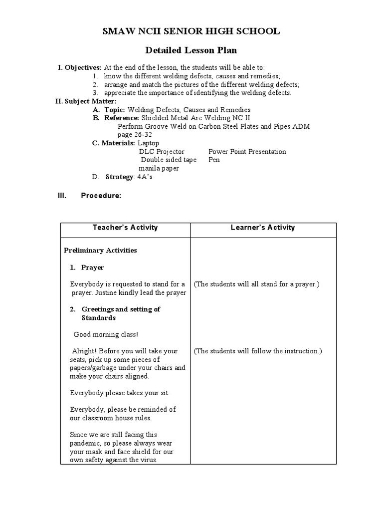 Detailed Lesson Plan in SMAW NCII | Download Free PDF | Welding ...