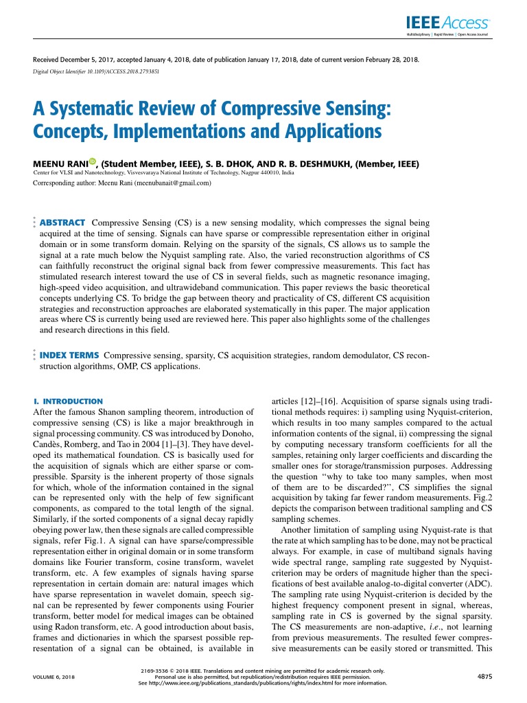A Systematic Review of Compressive Sensing: Concepts, Implementations and Applications | PDF ...