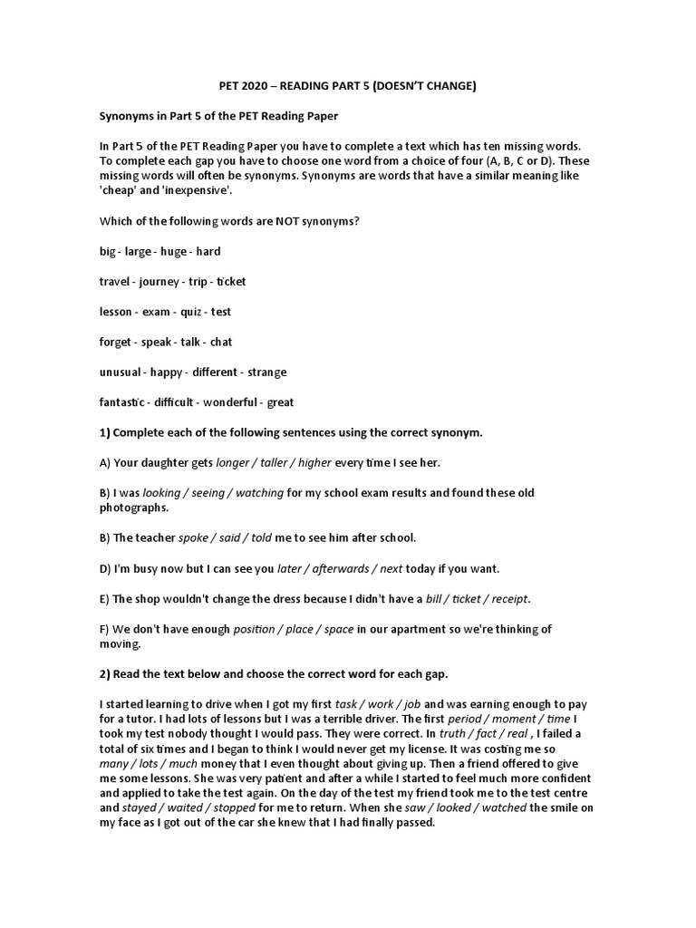 Understanding Synonyms and Collocations for the PET Reading Test | PDF ...
