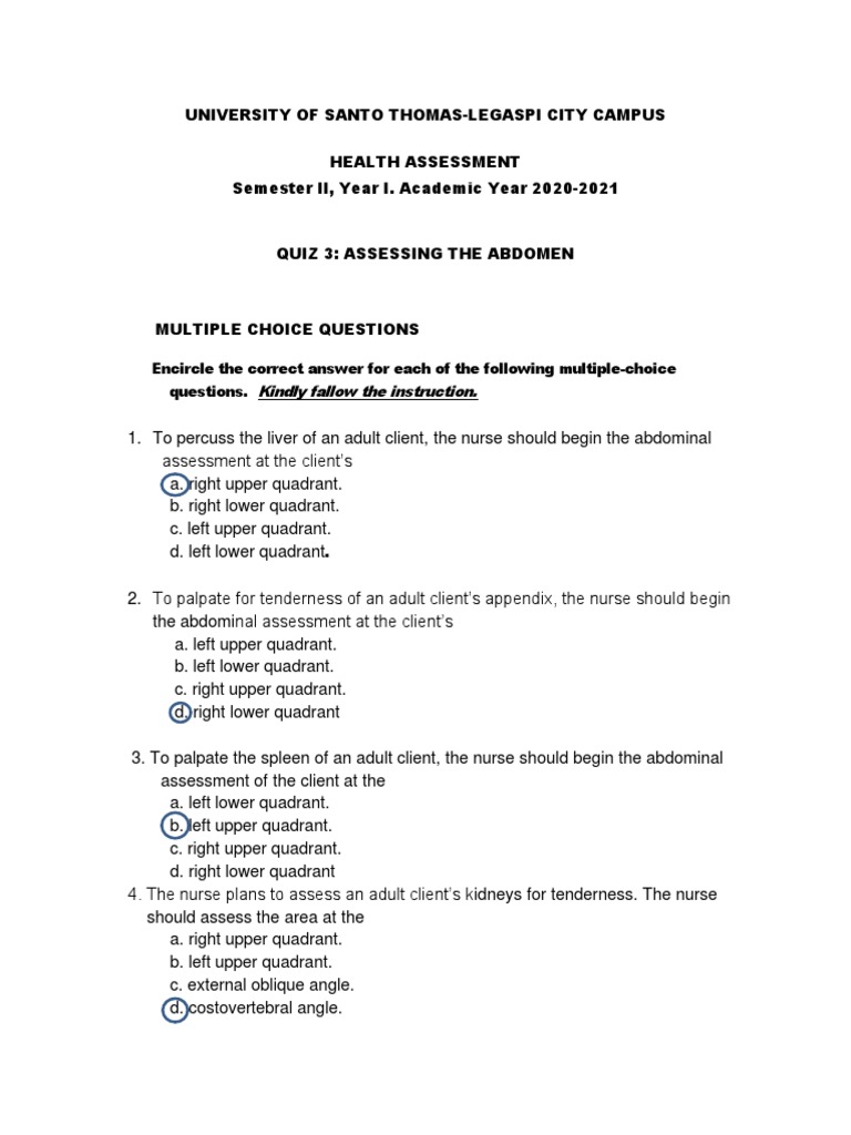 Abdominal Assessment MCQs for Nurses | PDF | Abdomen | Constipation