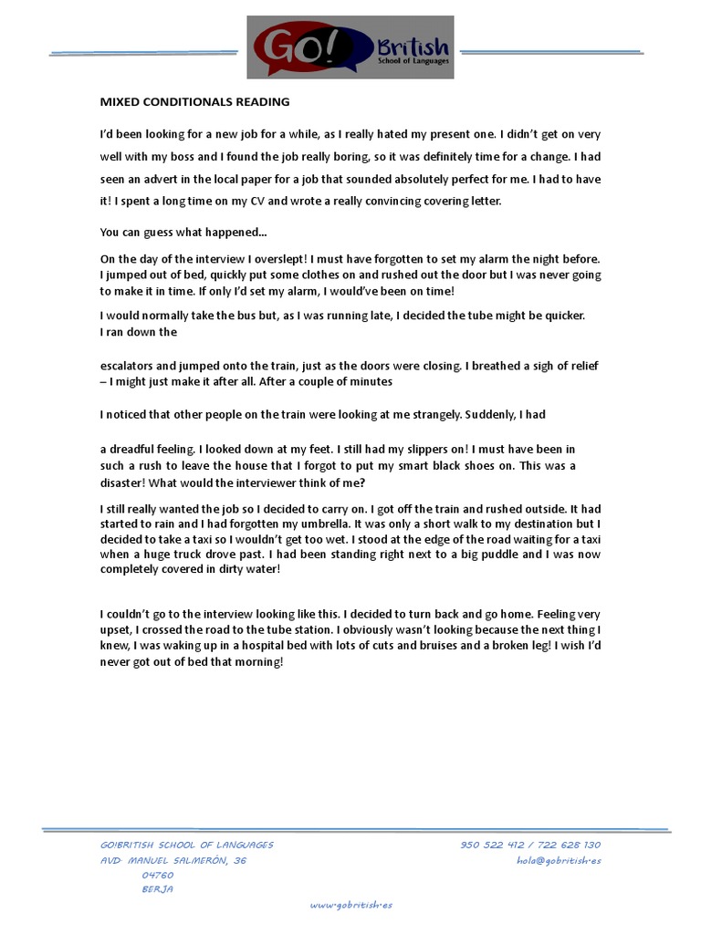 Mixed Conditionals Reading: Go!British School of Languages 950 522 412 ...