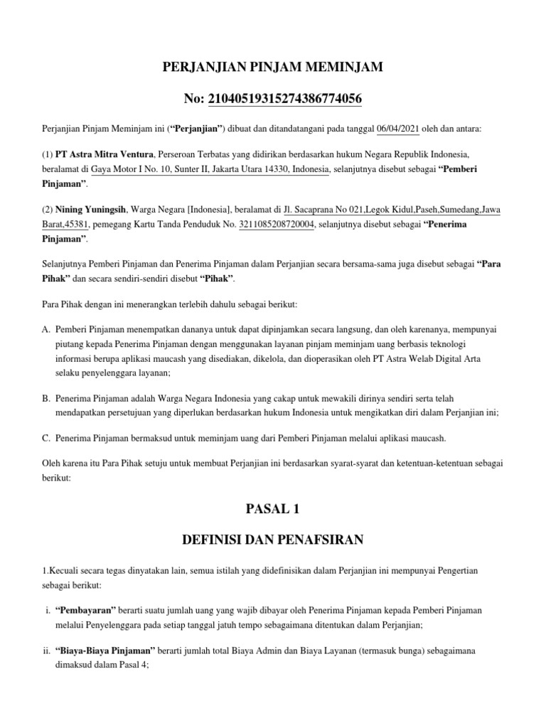 Perjanjian Pinjam Meminjam No: 21040519315274386774056 | PDF | Bisnis | Pengelolaan Keuangan & Uang