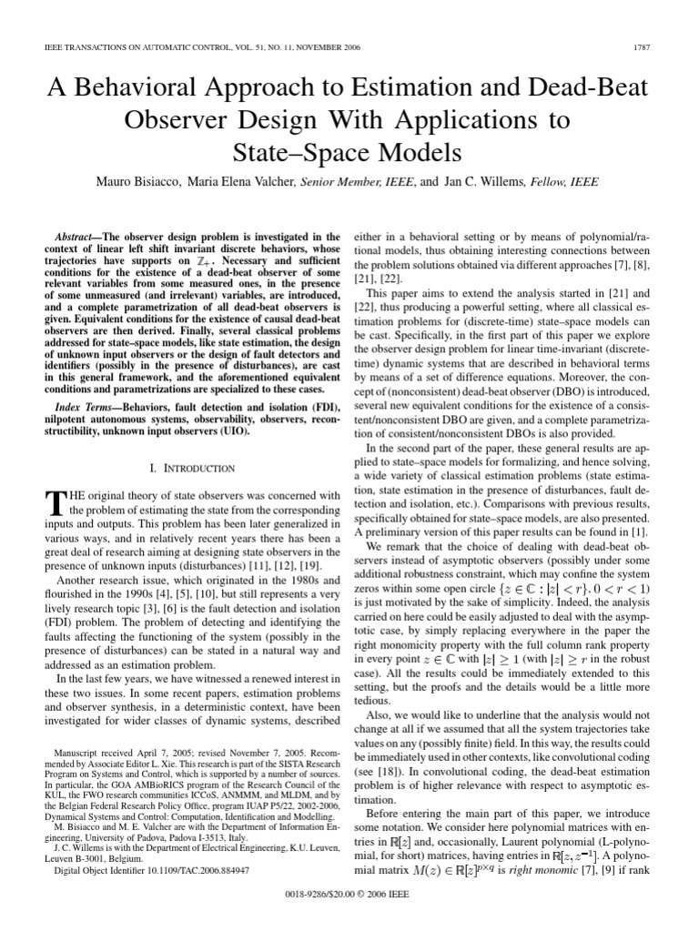 2006 A Behavioral Approach To Estimation and Dead-Beat | PDF | Matrix ...