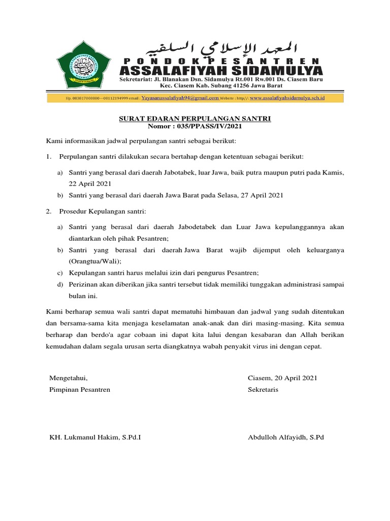 Surat Edaran Perpulangan Santri | PDF Surat Edaran Perpulangan Santri | PDF