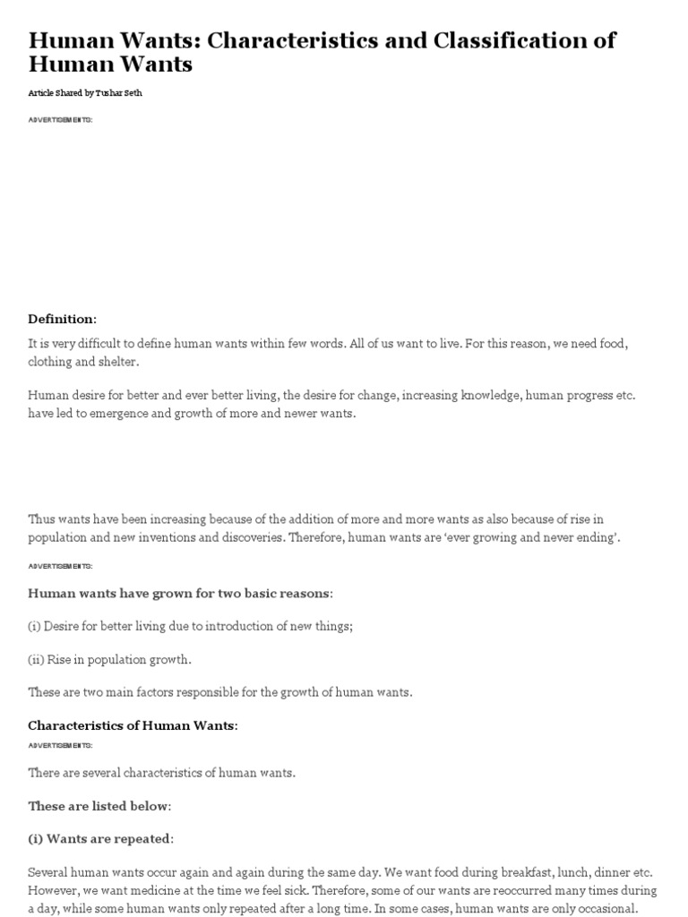 Human Wants - Characteristics and Classification of Human Wants | PDF ...