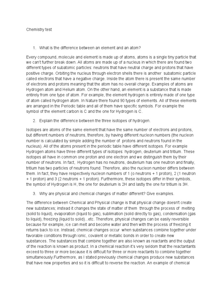 Chemistry Test | PDF | Atoms | Ion