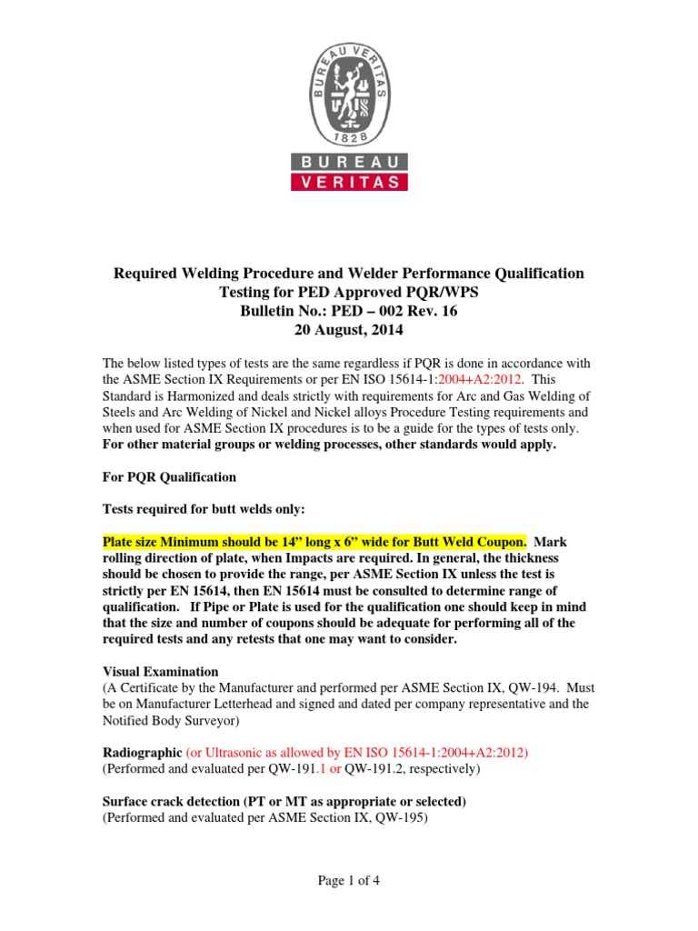 Req Welding Procedure & Performance Qual Testing For PED App PQR ...