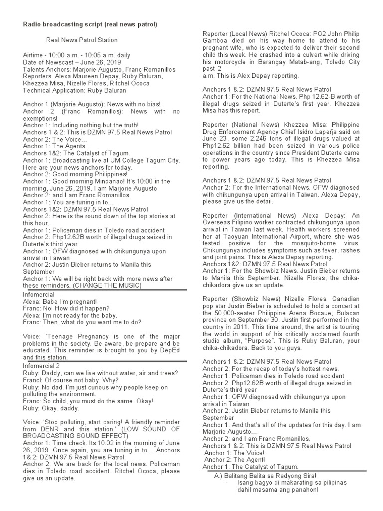 Radio Broadcasting Script (Real News Patrol) | PDF