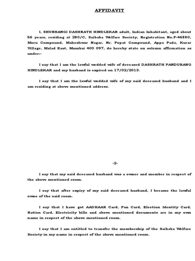 Legal Heirs Affidavit | PDF | Assignment (Law) | Landlord