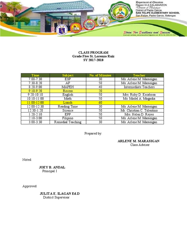 Class Program Grade Five St. Lorenzo Ruiz SY 2017-2018: Time Subject No ...