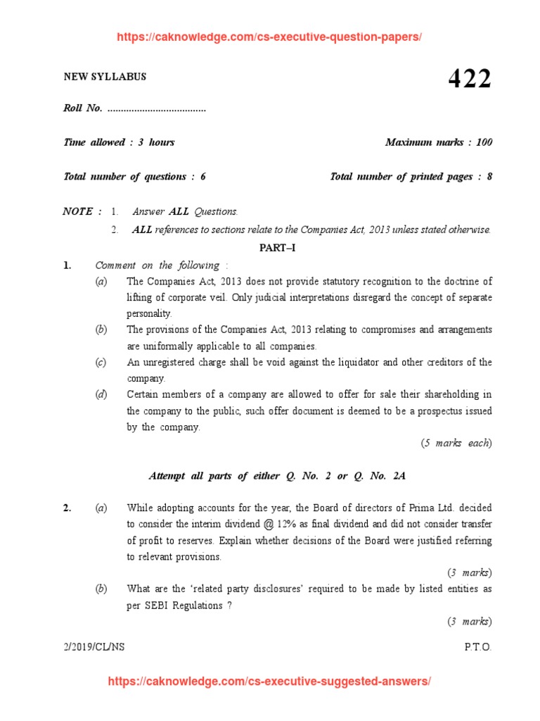 CS Executive Company Law Question Paper Dec 2019 New Syllabus | PDF ...