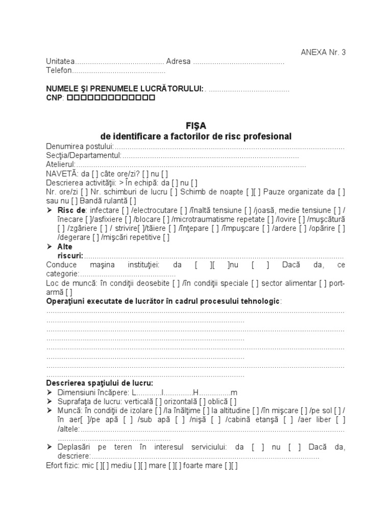 Fisa de Identificare A Factorilor de Risc Profesional | PDF