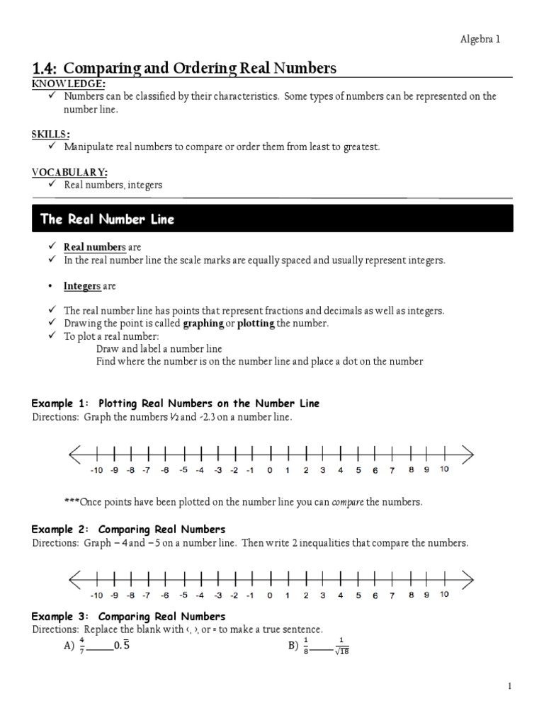 Compare and Order Real Numbers Worksheet Notes | PDF | Numbers | Real ...