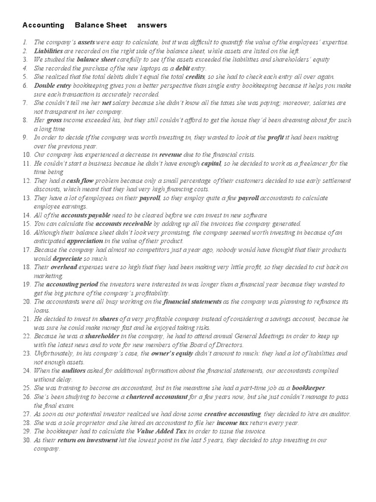 Accounting Balance Sheet Exercises KEY | PDF | Debits And Credits ...