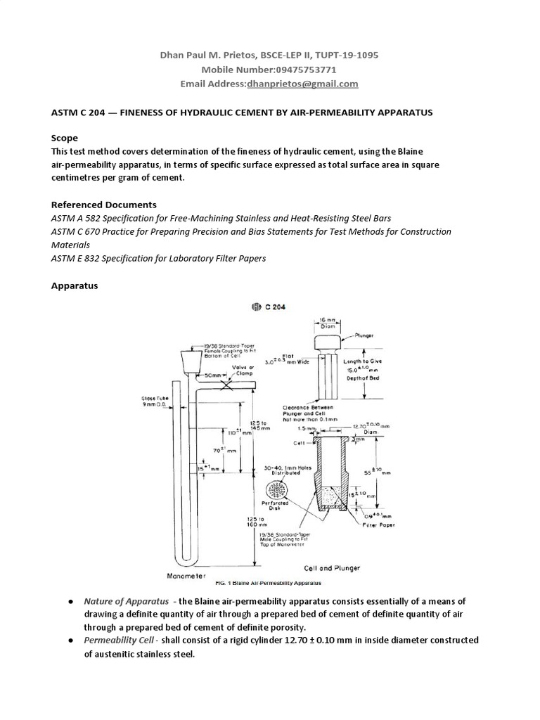 Astm C 204 - Fineness of Hydraulic Cement by Air-Permeability Apparatus ...