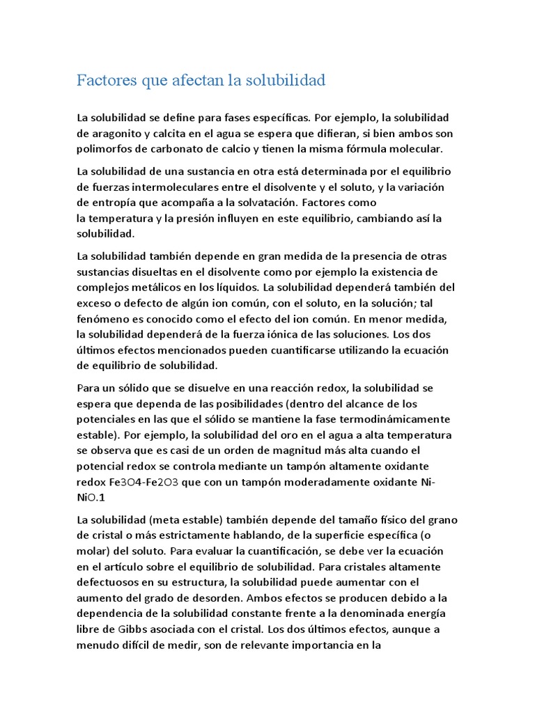 Factores que afectan solubilidad: temperatura, presión, estado de ...
