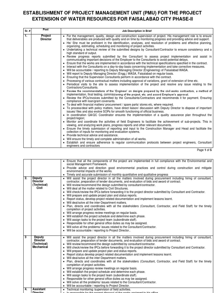Establishment of Project Management Unit (Pmu) For The Project ...