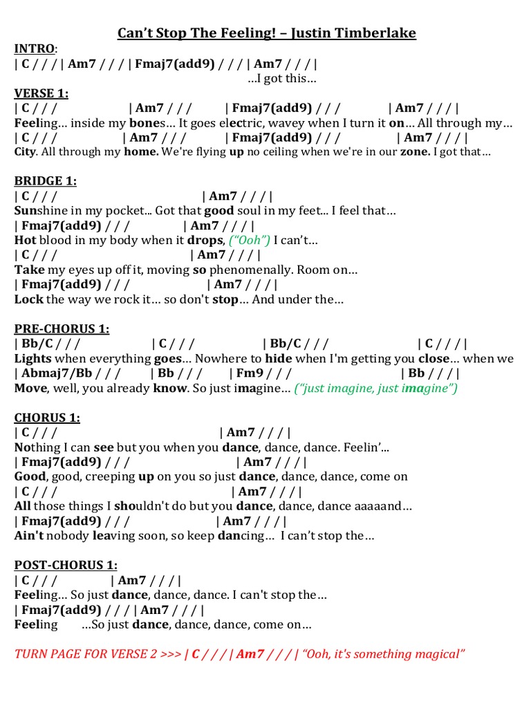 Can't Stop The Feeling! Lyrics | PDF | Song Structure | Songs