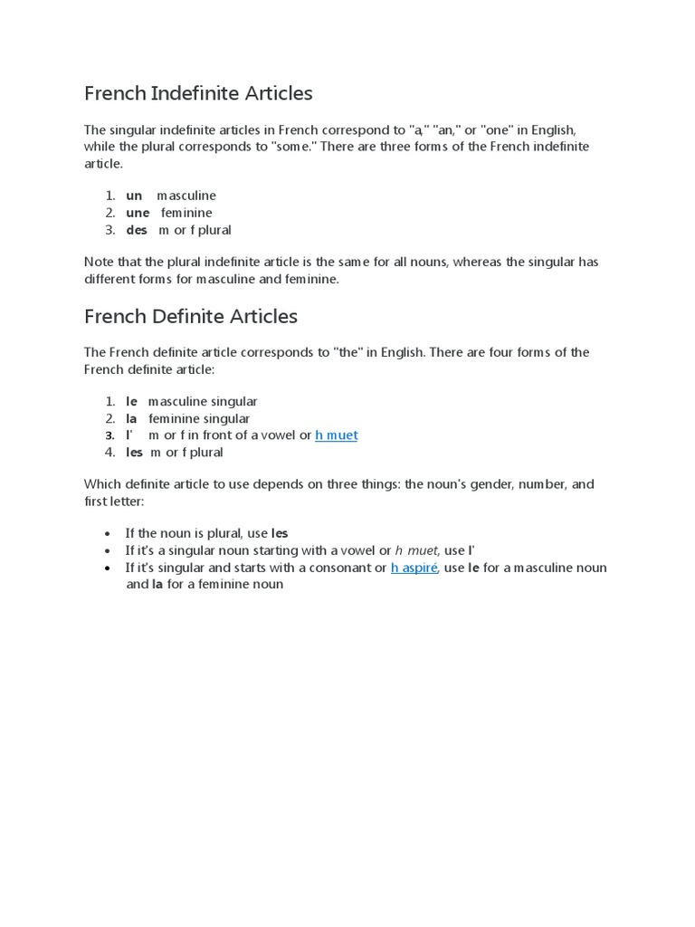 French Indefinite Articles: L' M or F in Front of A Vowel or | PDF