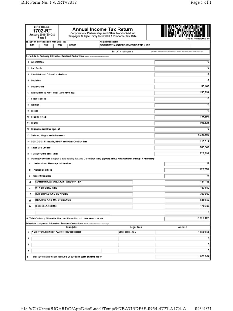 Security Masters Investigation Inc BIR Form 1702-RT Annual Income Tax ...