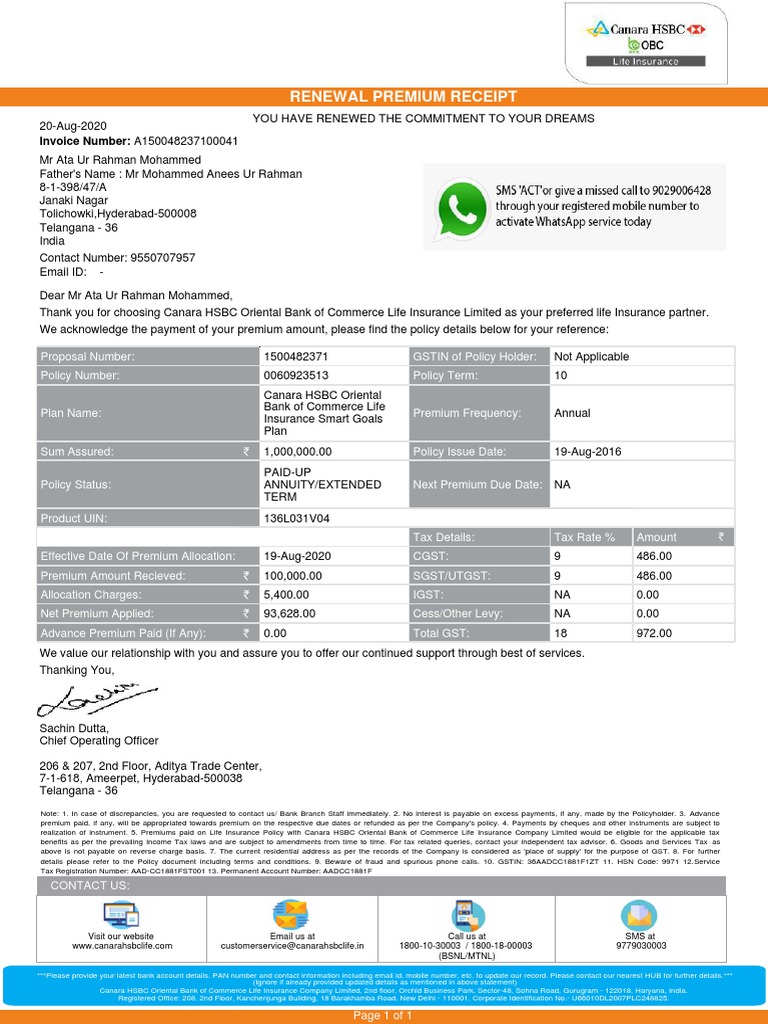 Renewal Premium Receipt: Invoice Number: A150048237100041 | PDF | Life ...