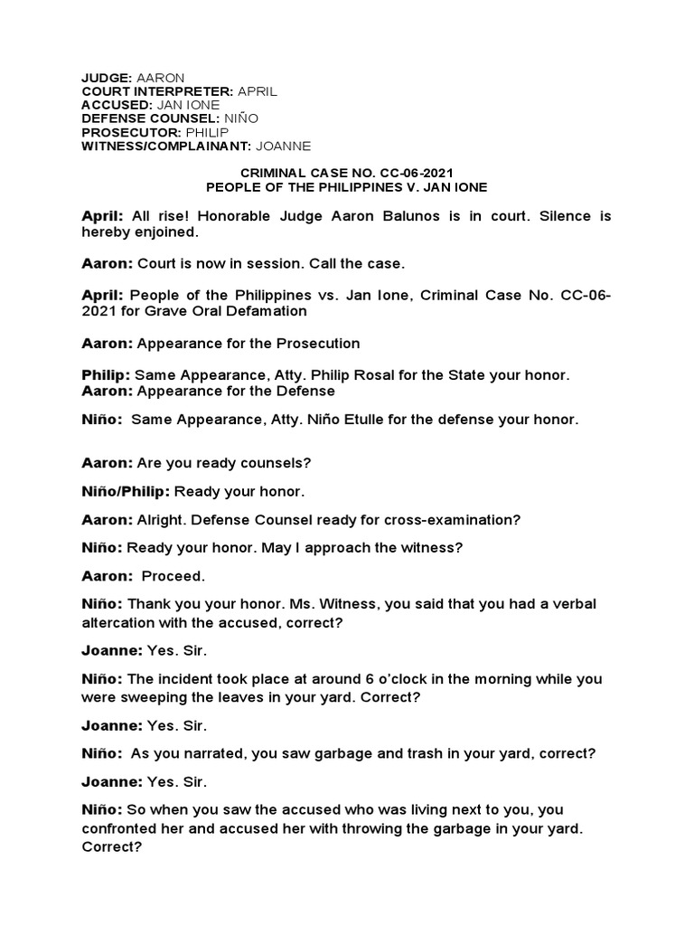 Cross Examination Script Oral Defamation | PDF