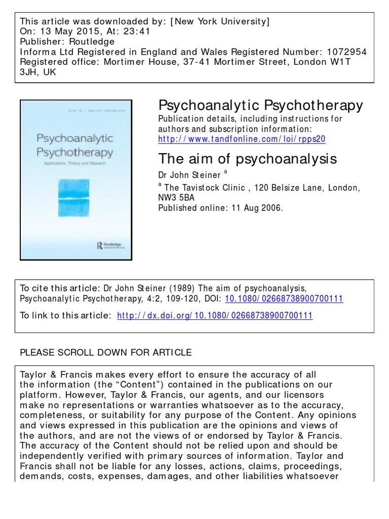 J. Steiner - The Aim of Psychoanalysis | PDF | Id | Psychoanalysis