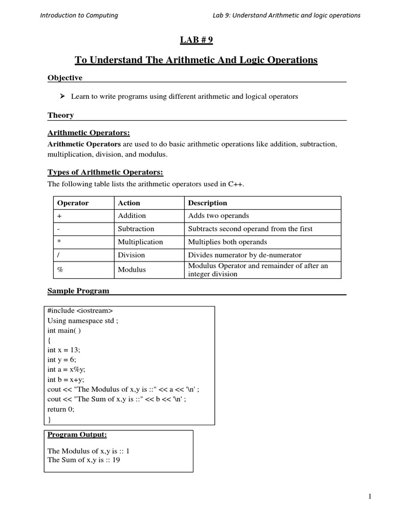 Itc Lab 9 Arithmetic And Logic Operators Pdf Arithmetic Integer Computer Science 6163