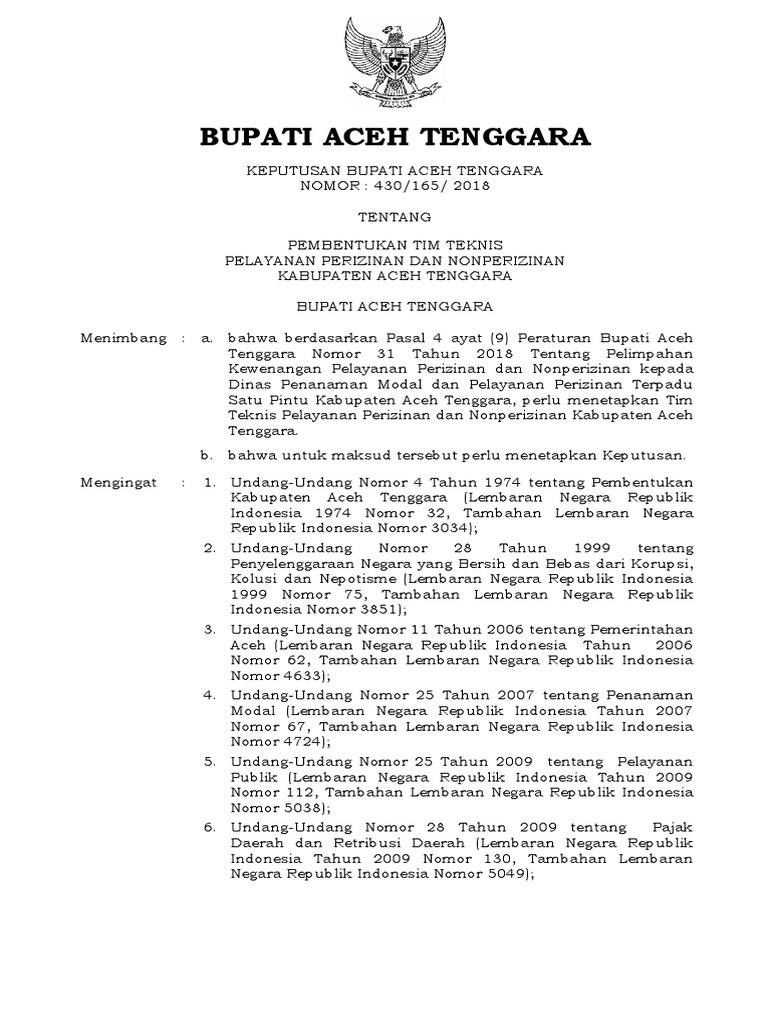 2 SK Bupati - Tim Teknis Perizinan Dan Non Perizinan Kab - 2018 | PDF