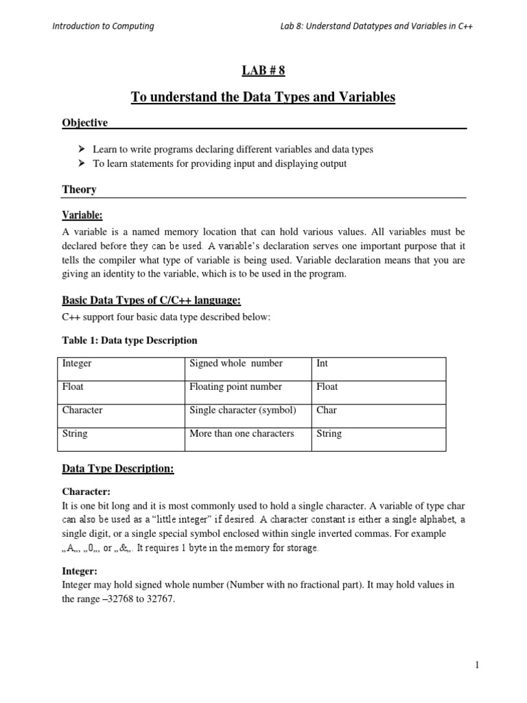 Itc Lab 8 Data Types And Variables Pdf Data Type Variable Computer Science 4792