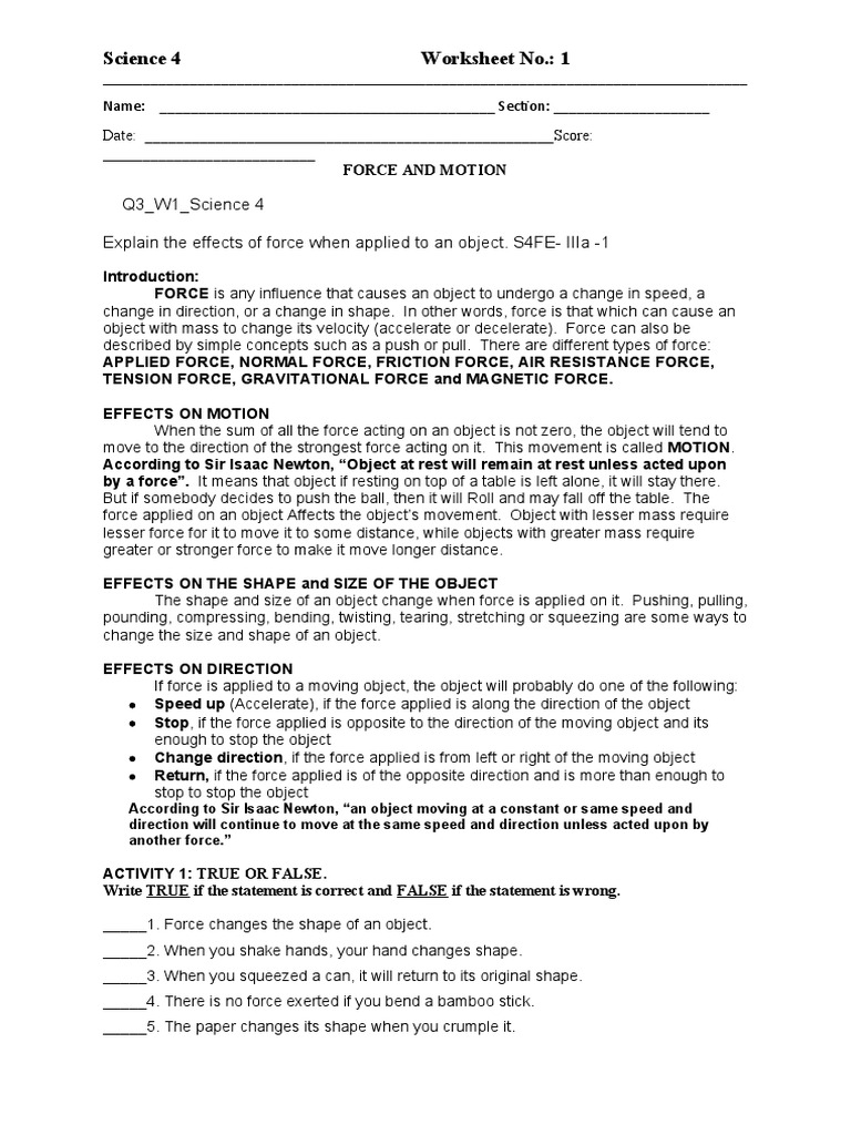 Science 4 Worksheet No.: 1 | PDF | Force | Mass