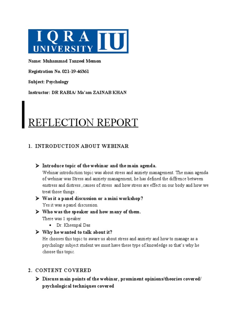 Webinar Reflection Report | PDF | Mental Disorder | Anxiety