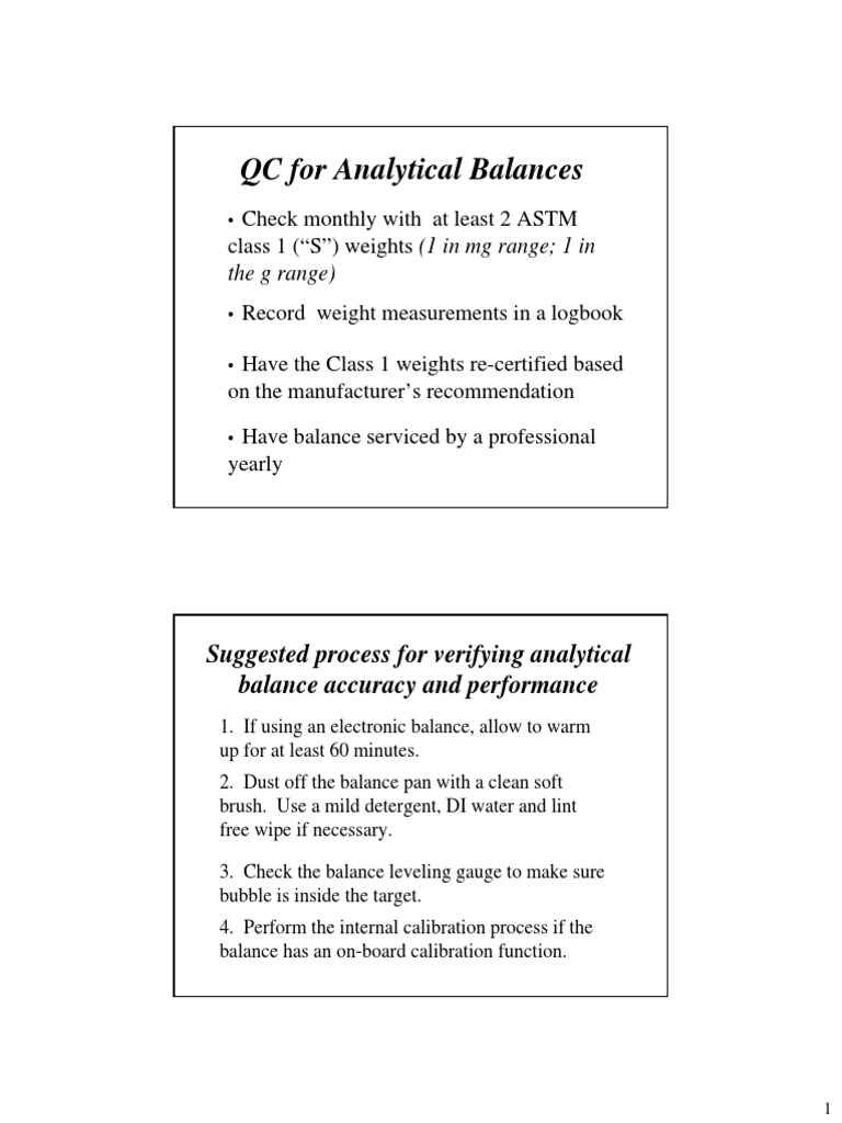 QC For Analytical Balances: Check Monthly With at Least 2 ASTM Class 1 ...