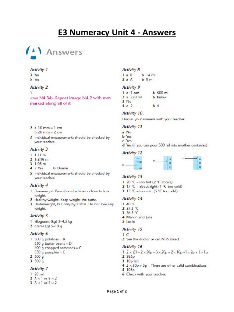 E3 Numeracy Unit 4 Dimensions - Answers | PDF