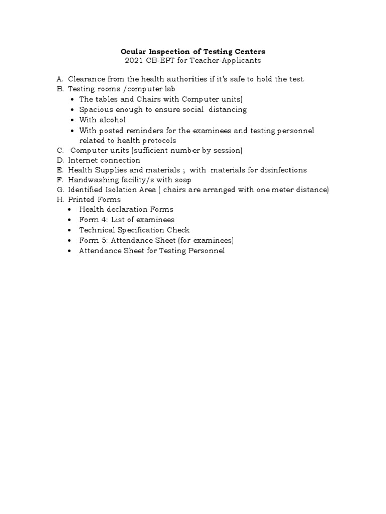 Ocular Inspection of Testing Centers | PDF