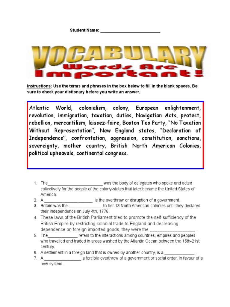 A.W.I. Vocabulary 1 | PDF | Thirteen Colonies | American Revolution