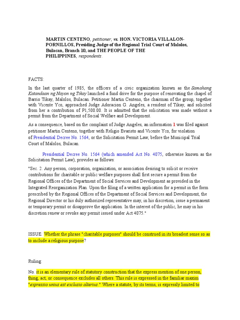 9 Centeno V Villalon Digest Long | PDF | Statutory Interpretation ...