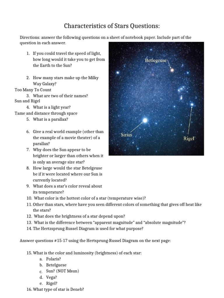 Characteristics of Stars Questions | PDF | Language Arts & Discipline ...
