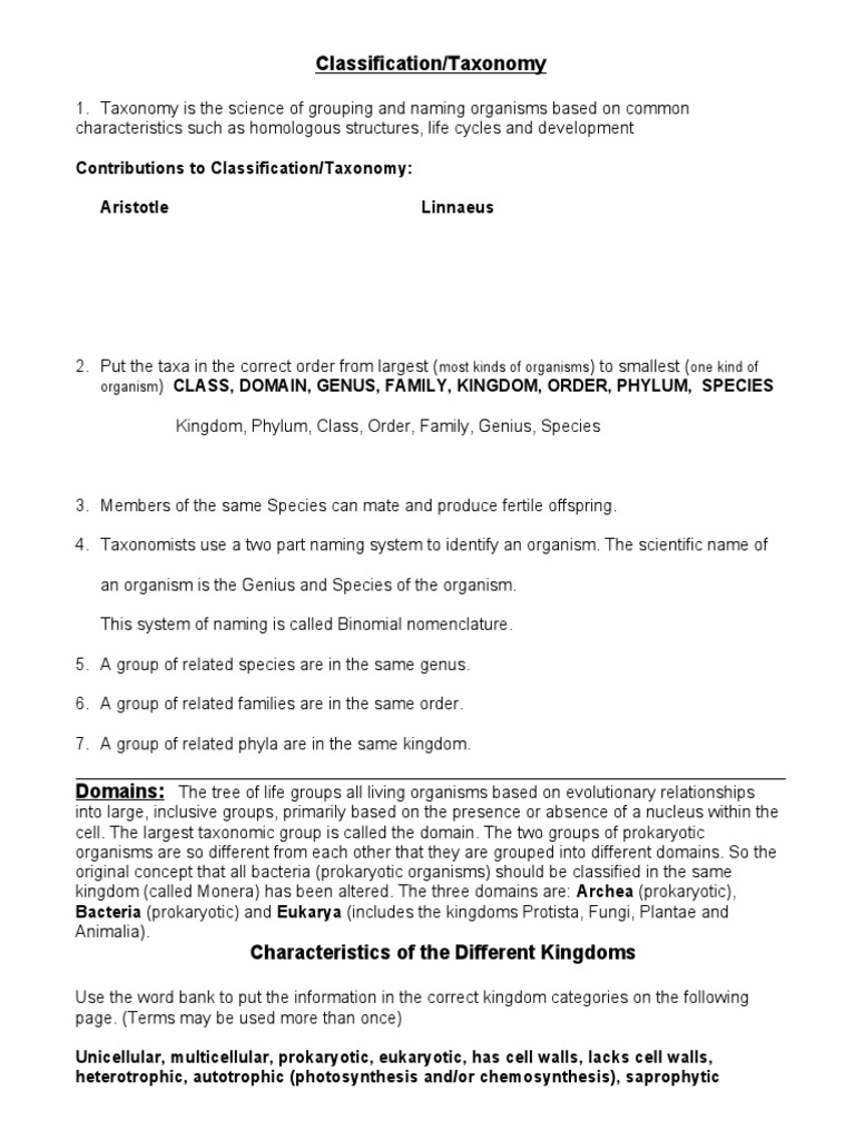 Classification Worksheet | PDF | Biological Classification | Taxonomy ...