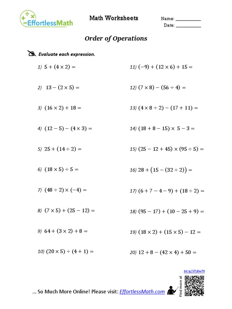 Order of Operations: Math Worksheets | PDF