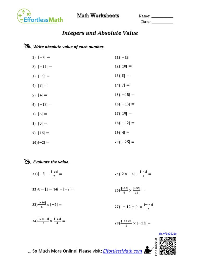 Integers and Absolute Value: Math Worksheets | PDF | Numbers | Teaching ...