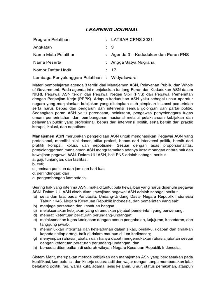 Learning Journal Agenda 3 - LATSAR CPNS 2021 | PDF