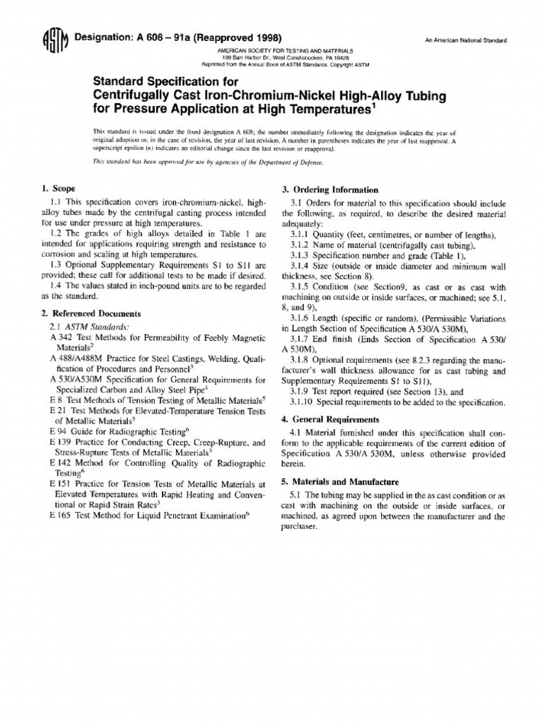 ASTM-A608 Centrifugally Cast Iron-Chromium-Nickel High-Alloy Tubing | PDF