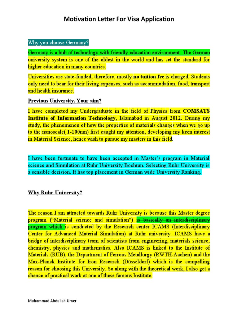Motivation Letter For Visa Application | PDF | Materials Science ...
