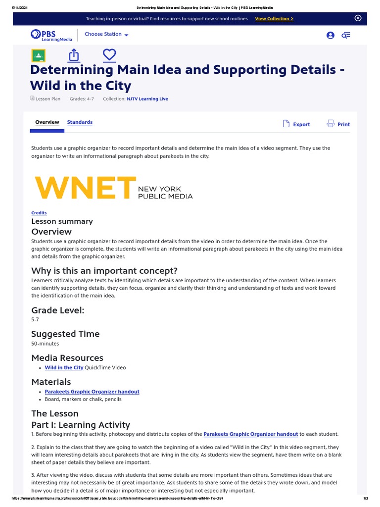 Determining Main Idea and Supporting Details - Wild in The City - PBS ...