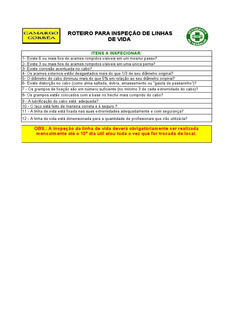 Checklist de itens para inspeção de segurança de linhas de vida | PDF